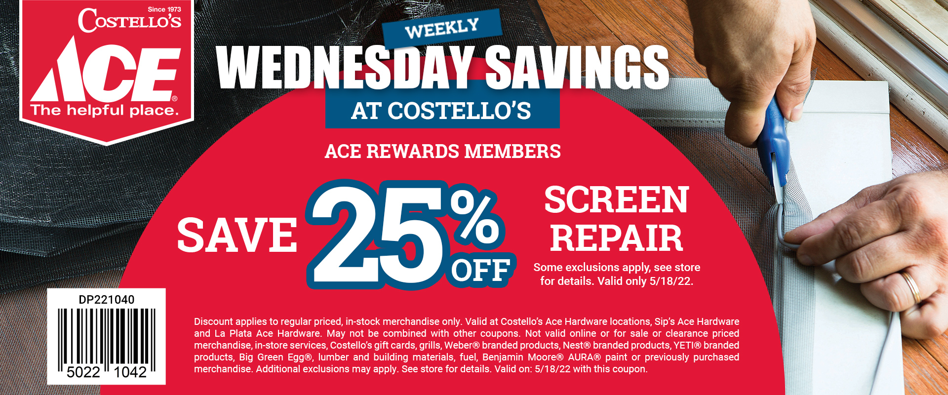 Wednesday Services Screen Repair - Coupon - Costello's Ace